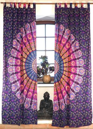 Guru Shop Boho Vorh&auml;nge, Gardine (1 Paar) mit Schlaufen, Handbedruckter Ethno Style Vorhang, Mandala Motiv - Lila/gelb/pink, Baumwolle, 230x100 cm