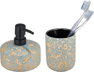 WENKO Felina Badezimmer Zubehör Set 2-teilig Seifenspender Zahnputzbecher aus Keramik in Grau Gold, 71156800