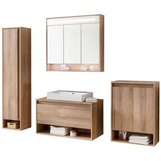 Fackelmann natura Badm&ouml;bel Set 5-teilig, 94 cm, Braun hell+Spiegelschrank+Midischrank+Hochschrank-90341145