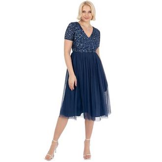 Maya Embellished Midi Evening Dress for Women Ladies V Neckline with Short Sleeve for Prom Wedding, Robe de Demoiselle dhonneur Femme, French Navy