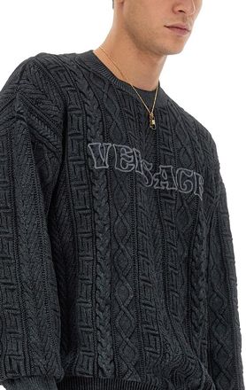 Versace Greek Braid Knit Cotton Sweater - Gray