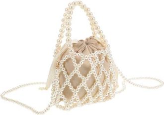 BESPORTBLE WATIIFUFU Paquet Seau Perl&eacute; Blanc Fait Main Tiss&eacute; Ajour&eacute; Paquet &agrave; Cordon Femme pour Vacances et Plage Pochette de Soir&eacute;e &Eacute;l&eacute;gante &agrave; Main Habill&eacute; en Pe