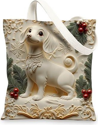 Generic Sac fourre-tout en toile motif teckel de No&euml;l pour faire du shopping, 33 x 38,1 cm, sac d&eacute;picerie r&eacute;utilisable de luxe pour femme, peinture danimaux d
