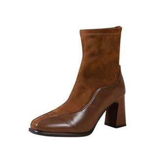 Generic Bottes mi-mollet pour femme &agrave; talon bloc &eacute;pais Bottines courtes &eacute;l&eacute;gantes patchwork couleur unie fermeture &eacute;clair dans le dos confortables bottines d&eacute;