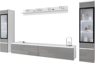 Mirjan24 Wohnwand Doppo II, Schrankwand, griffloses Öffnen, Anbauwand, Fernsehschrank, Mediawand, Wandregal, TV-Lowboard, 2X Hängevitrine (Weiß/Grau Hochglanz,