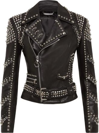 Philipp Plein Femme, Vestes, Noir, Taille: 40 FR Leather Biker Studs