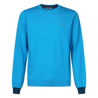 Sun 68 Blauer Rundhals-Pullover mit Logo und langen &Auml;rmeln - - Knitwear - Herren - Blau - XL