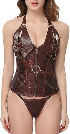Generic Corset pour femme, en cuir verni, bustier, corset &eacute;l&eacute;gant, victorien, steampunk, marron, Taille XL
