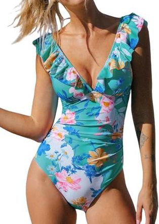 Cupshe Maillot de bain une pièce à volants et col en V pour femme, Cyan Floral, Taille XS