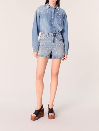Maje Short En Denim &Agrave; Perles Brod&eacute;es - Bleu - Taille 42 - Maje