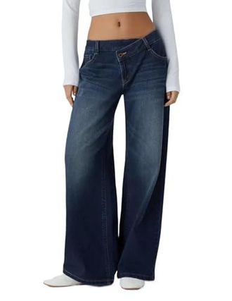Generic &Eacute;l&eacute;gant jean baggy taille haute pour femme avec poches larges en denim d&eacute;lav&eacute; pour un ajustement confortable, noir fonc&eacute;, XXL