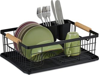 Relaxdays Abtropfgestell, Besteckkorb & Abtropfschale, Geschirrst&auml;nder K&uuml;che, Abtropfgitter, Kunststoff, Metall, schwarz