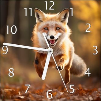 Wallario Design-Wanduhr Rennender Fuchs aus Glas, Motiv-Uhr Größe 20 x 20 cm, weiße Zeiger
