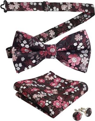 Alizeal Noeud papillon pré-noué pour homme, carré de poche et boutons de manchette classique pour fête de mariage, 006-Noir + Bordeaux + Rose, taille unique