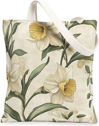 Generic Sac fourre-tout en toile avec fleurs de jonquille printani&egrave;res pour le shopping, 33 x 38,1 cm, motif floral sauvage vintage, sac d&eacute;picerie r&eacute;utilisabl