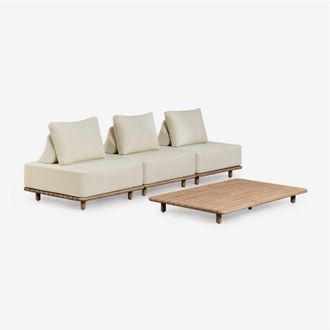Sklum Garten-Set mit 3-teiligen modularen Sofa und Couchtisch 160x95 cm aus Akazie Portet Gardenia Wei&szlig;
