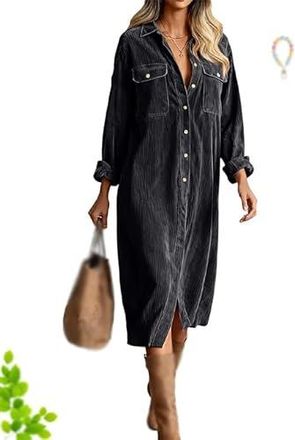 Generic Robe chemise dautomne boutonnée en velours côtelé pour femme, robe midi longue plissée à revers en forme de trapèze, gris foncé, XXL