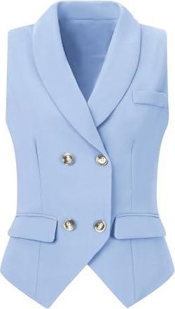 Allegra K Gilet &eacute;l&eacute;gant pour femme &agrave; double boutonnage ch&acirc;le revers gilet de costume sans manches Bleu clair XL