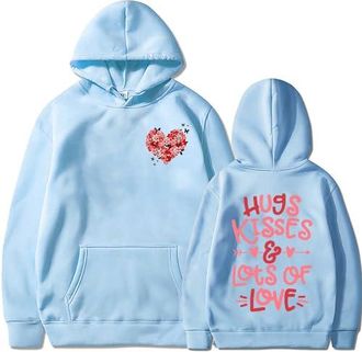 Generic 2026 Sweat-shirt &agrave; capuche d&eacute;contract&eacute; &agrave; manches longues pour femme Motif coeur et lettres pour lautomne et lhiver, bleu clair, M