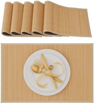 Relaxdays Tischset, 6er Set, Bambus, Stoffrand, rutschhemmend, 45 x 30 cm, Teller, Esstisch, eckiges Platzset, natur