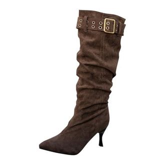 Generic Bottes hautes d&eacute;contract&eacute;es en faux daim pour femme - &Eacute;l&eacute;gantes - Bout pointu - Talon chaton pliss&eacute; - Confortable - Large mollet - &Agrave; enfiler - Pour la