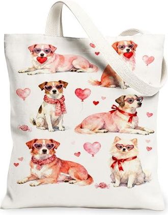 Generic Sacs fourre-tout r&eacute;utilisables en toile pour la Saint-Valentin, motif chiot adorable, sacs d&eacute;picerie r&eacute;utilisables, l&eacute;gers et lavables, blanc, 13x15 I
