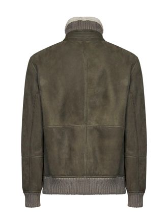 Brunello Cucinelli Mens Bomber Jacket Sheepskin Military Green Polyamide