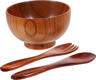 Pretyzoom Holzsch&uuml;ssel Set Mit L&ouml;ffel Und Gabel Nat&uuml;rliche Tiefe Salatsch&uuml;ssel Aus Holz F&uuml;r Obst Suppe Und Servieren Leichtes K&uuml;chen-Serviergeschirr F&uuml;r Zuhause