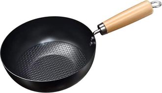 BESTONZON Eisen Wok mit Holzgriff Bratpfanne Kochtopf Wokpfanne 24cm Hot Pot Topf Induktion Asia Kochpfanne Omelette Eierpfanne Gourmet Pfanne Omelettpfanne Zuh