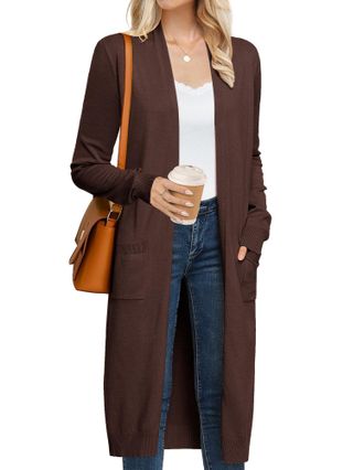 Grace Karin Trendige lange Damen-Strickjacken 2025, leicht, vorne offen, lang&auml;rmelig, Maxi-M&auml;ntel mit Taschen, kaffeebraun, XX-Large