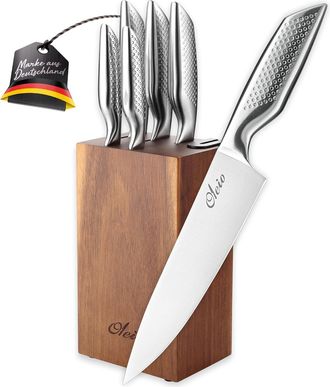 Oleio Oleio Maestro Messerset mit Messerblock - 6 teilig - Edelstahl Küchenmesser Set mit Block & integriertem Messerschärfer - Scharfes Küchenhelfer Set fü