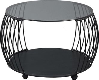 JACK Couchtisch mit Rollen und Zwischenablage - Glasplatte - MDF - Metallgestell - Grau - Schwarz - Ø 60 x 45 cm - Wohnzimmertisch Sofatisch