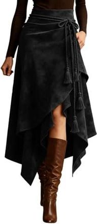 Generic Jupe en daim asym&eacute;trique pour femme - Style western boh&egrave;me - Taille haute - Vintage - Jupe de cowboy - Jupe trap&egrave;ze, Noir, XXL