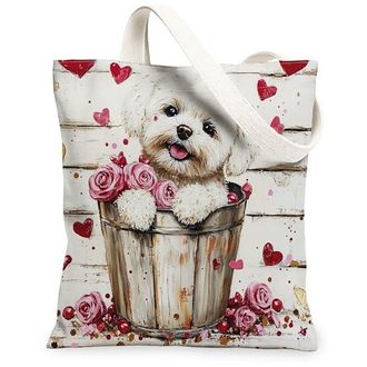 Generic Sac fourre-tout en toile motif bichon fris&eacute; pour le shopping 33 x 38 cm, sac &agrave; bandouli&egrave;re r&eacute;utilisable pour femme, peinture danimaux domestiques, d&eacute;c