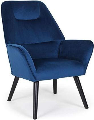 Menzzo Fox Skandinavischer Sessel mit hoher R&uuml;ckenlehne, Samtbezug Blau