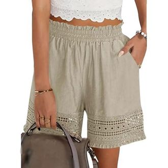 Generic Short &eacute;lastique &agrave; taille haute en dentelle ajour&eacute;e en coton et lin pour femme, confortable et extensible, short d&eacute;t&eacute; &agrave; volants en lin pour la plage, a