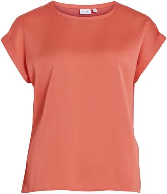 Vila Damen Satin Blusen T-Shirt Kurzarm Basic Rundhals Top Glänzend Tunika Blouse Oberteil VIELLETTE, Farben:Coral Pink, Größe:36