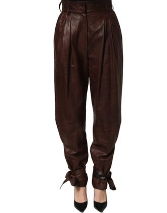 Dolce & Gabbana Womens Brown Leather High Waist Tapered Leg Pants Lamb