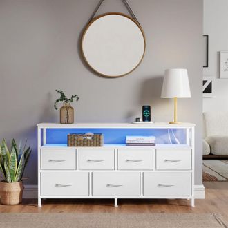 Songmics Meuble de Rangement avec LED R&eacute;glable et Multiprise, 7 Tiroirs en Tissu, Style Moderne, Chambre, Blanc