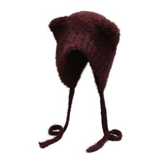 ZLYC Bonnet en Crochet pour Femme avec Oreilles de Chat - Bonnet Mignon Vintage Grunge Pelucheux, Oreilles dours Bordeaux, Taille Unique