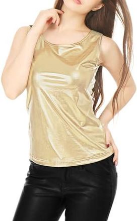 Allegra K Débardeur métallique Extensible à col en U pour Femme Or XL