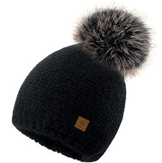 morefaz Bonnet dhiver en laine de mohair pour femme - Bonnet tricot&eacute; en laine de mouton avec doublure polaire et pompon, M