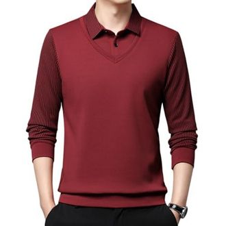 Generic Sempornai Chemise deux pi&egrave;ces &agrave; revers ray&eacute;e pour homme, faux revers deux pi&egrave;ces, haut &agrave; manches longues pour homme, Rouge, XXL