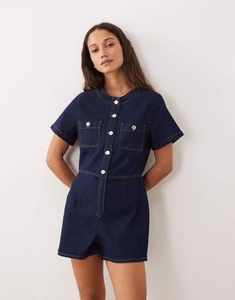 Miss Selfridge Combishort en jean avec col - Indigo d&eacute;lav&eacute;-Bleu