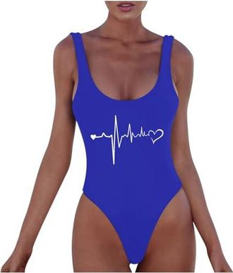Generic Maillot De Bain 1 Pieces Femme Shorty Mode Lettre Imprimer pièce Sexy Bikini Bain sans Manches Dos Nu (Blue, L)