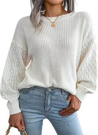 Generic Pull en tricot torsad&eacute; pour femme - Style d&eacute;contract&eacute; - Manches longues - Col rond - Pull ample et &eacute;pais - Pull surdimensionn&eacute;, blanc, L