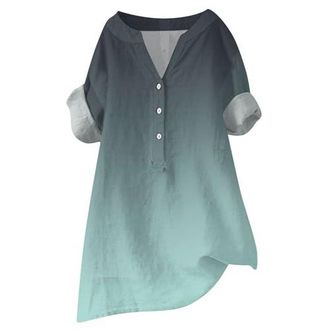 Generic Chemise en lin pour femme - Col en V - D&eacute;grad&eacute; - Manches longues - Col en V - Chemisier basique pour le travail de bureau, Noir, 4XL