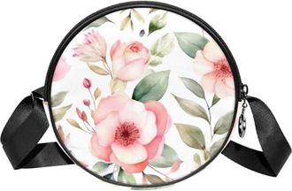 Generic Petit sac &agrave; bandouli&egrave;re circulaire pour femme, motif feuilles florales, sac &agrave; dos avec fermeture &eacute;clair, bretelles r&eacute;glables, sac &agrave; main rond d&eacute;contra