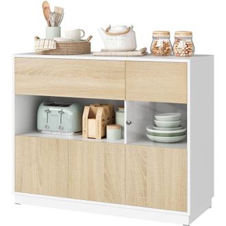 Woltu Buffet, Meuble de Rangement avec 1 Porte Visible, 1 Tiroir, en Bois dIng&eacute;nierie, 100x40x80 cm, Ch&ecirc;ne Clair + Blanc