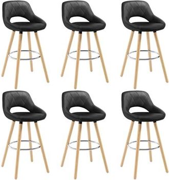Woltu Tabouret Bar, Lot de 6, Chaise Haute Bar, Tabouret Haut avec Dossier et Repose-Pieds, Cadre en Bois, Si&egrave;ge en Similicuir, Noir, BH111sz-6